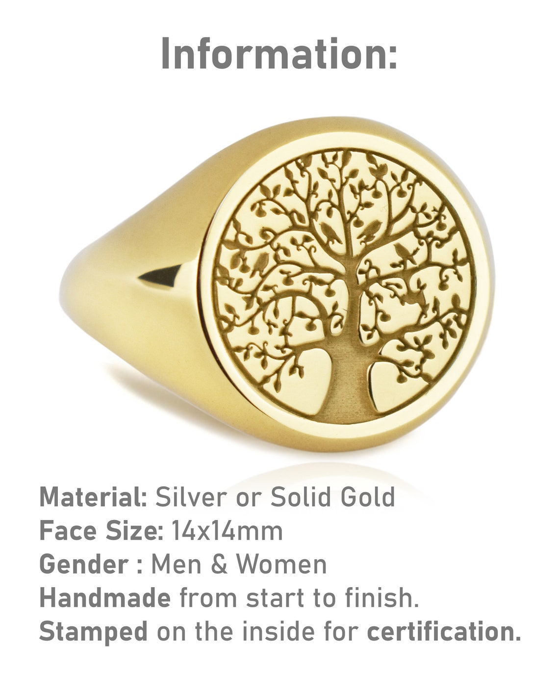 14K Gold Tree of Life Signet Ring, Family Tree Gold Ring, Personalized ...