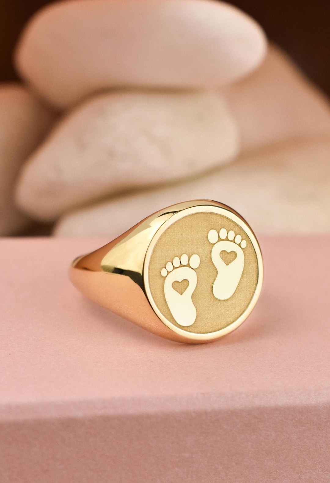 14K Gold Baby Footprints Signet Ring, Baby Feet Ring for Mother, Future ...