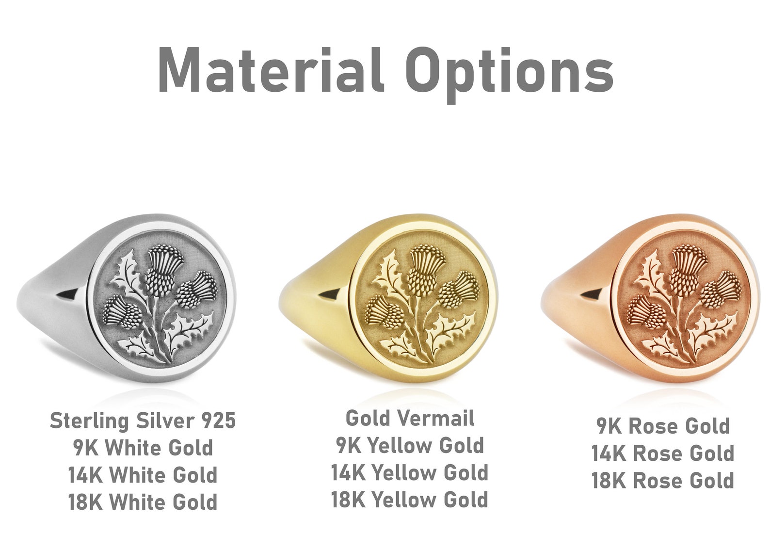14K Solid Gold Thistle Signet Ring, Scottish Thistle Ring, Round Gold ...