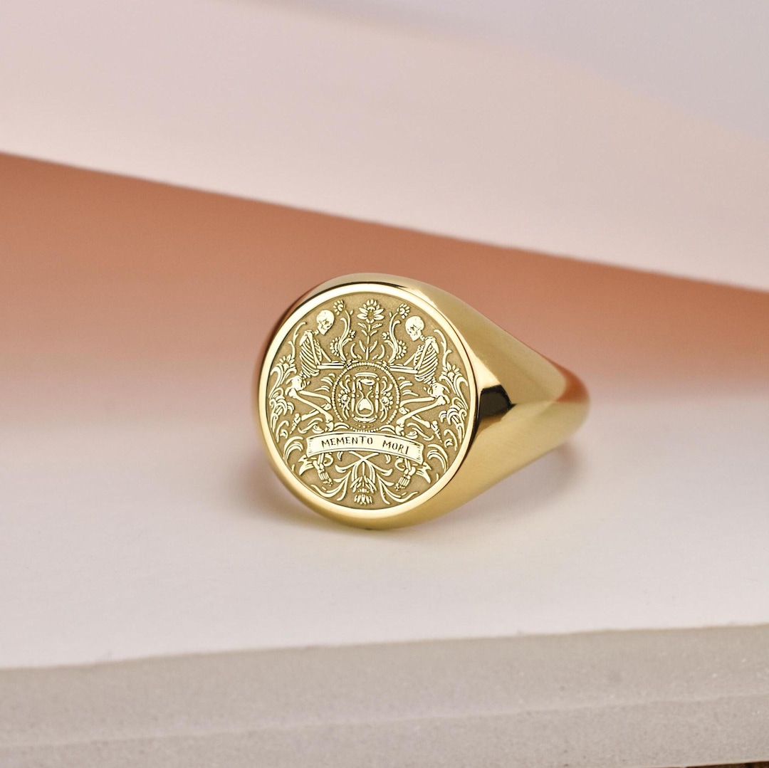 14K Gold Memento Mori Signet Ring, Amor Fati Jewelry, Stoicism Signet ...