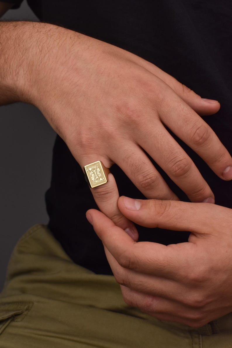 14K Gold King of Heart Signet Ring, Playing Card Rectangle Ring, Casino ...