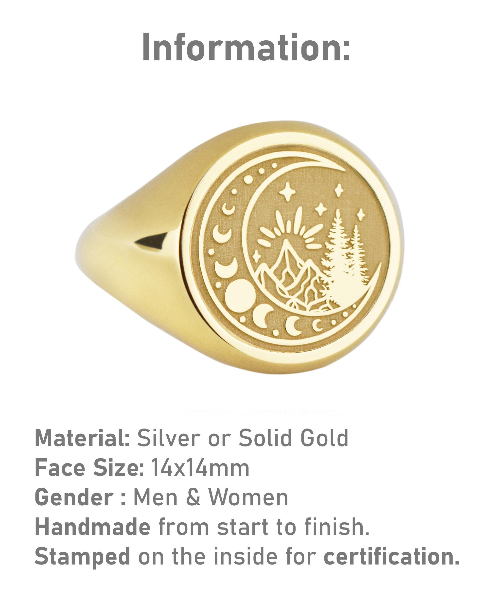 14K Gold Crescent Moon Signet Ring, Personalized Celestial Jewelry ...