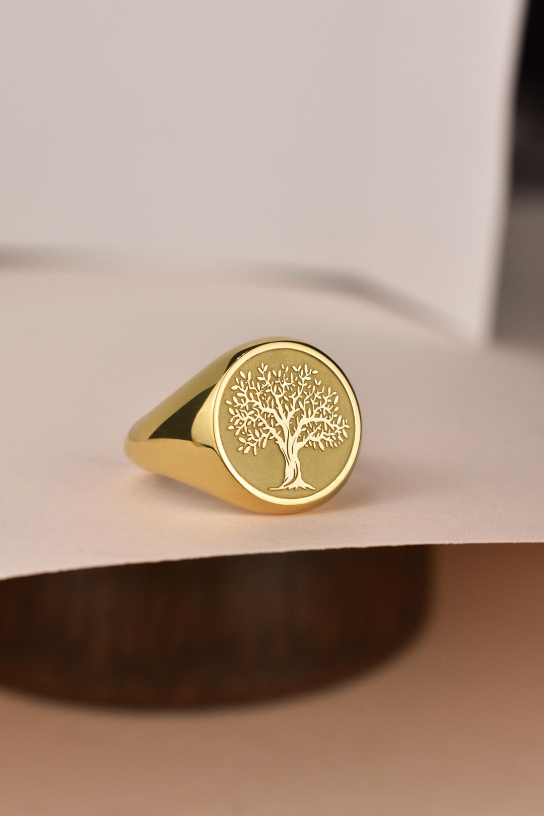 14K Gold Tree of Life Signet Ring, Personalized Family Tree Ring, Women ...