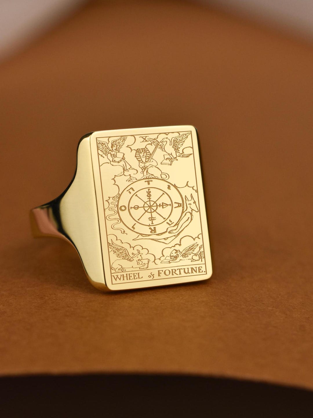 14K Solid Gold Wheel of Fortune Tarot Signet Ring, Custom Gold Trionfi ...