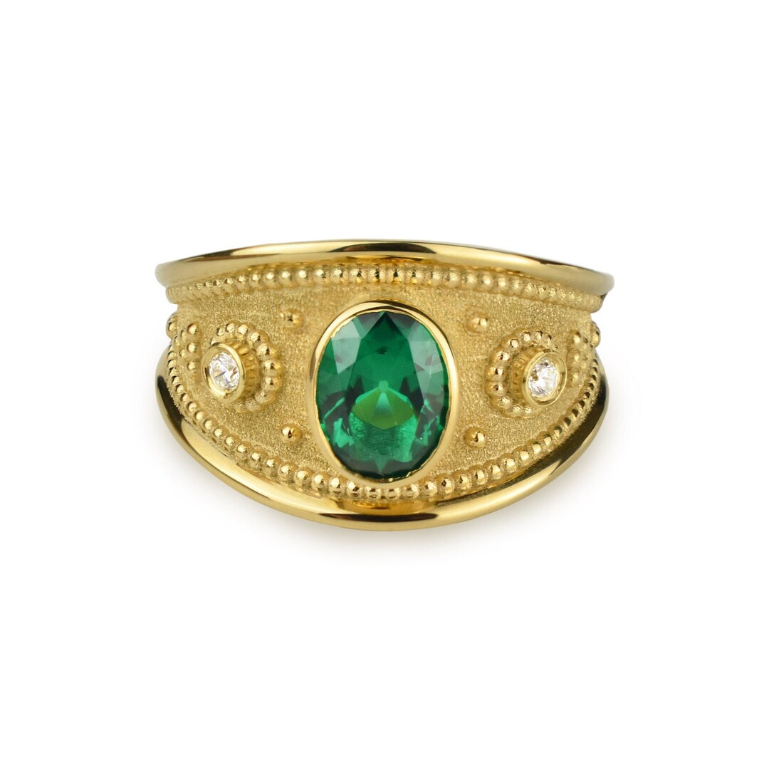 14K Gold Green Emerald Italian Ring, Roman Gold Ring, Ancient Roman ...
