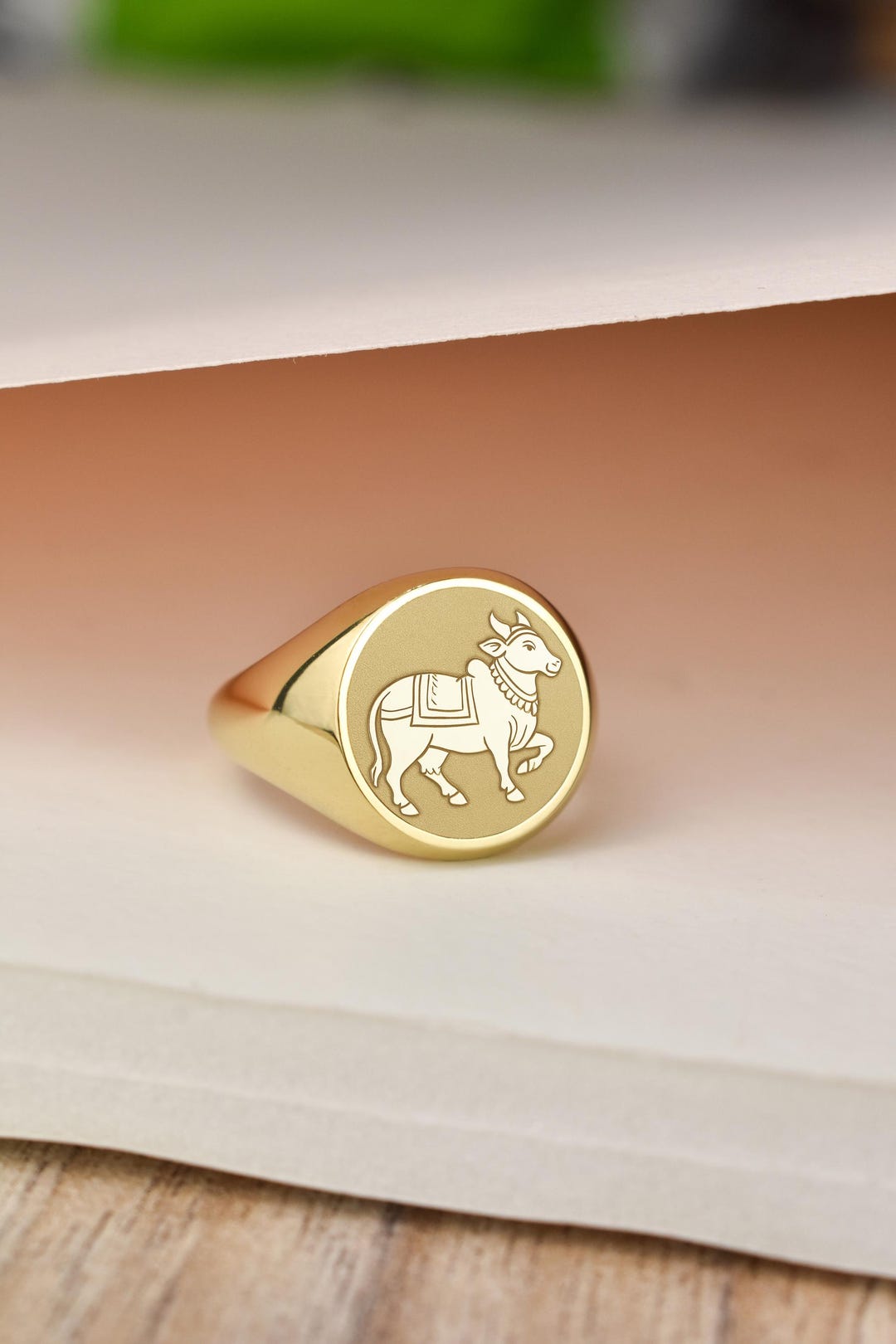 14K Solid Gold Nandi Signet Ring, Hindu Deity Ring, Spiritual Jewelry ...