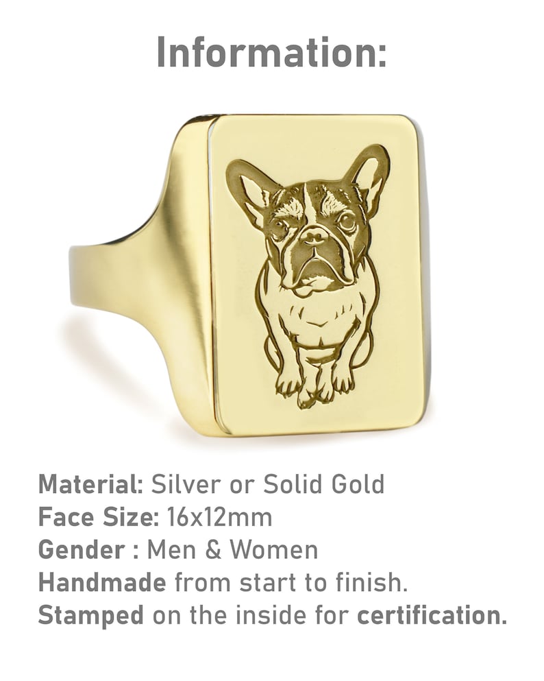 14K Gold Custom Dog Portrait Signet Ring, Pet Photo Ring, Personalized ...