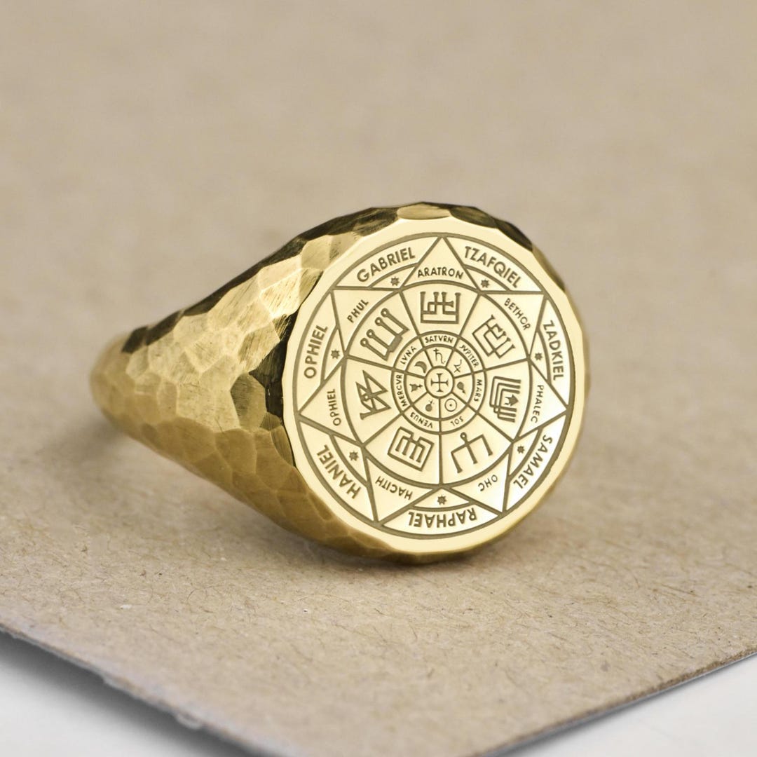 14K Gold Seven Archangel Signet Ring, Hammered Angelic Jewelry ...