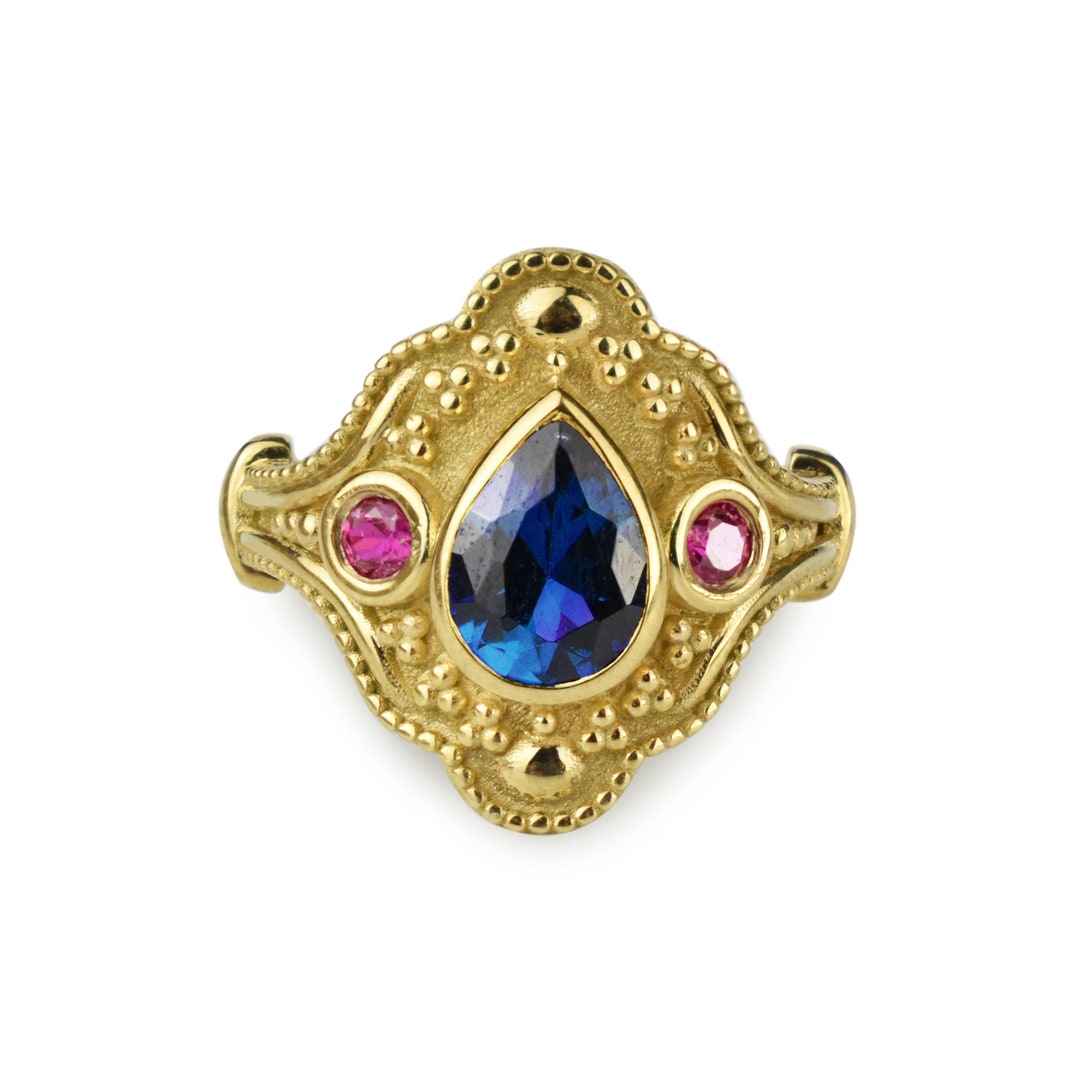 14K Solid Gold Iberian Blue Sapphire Ring, Ancient Spanish Gold Ring ...