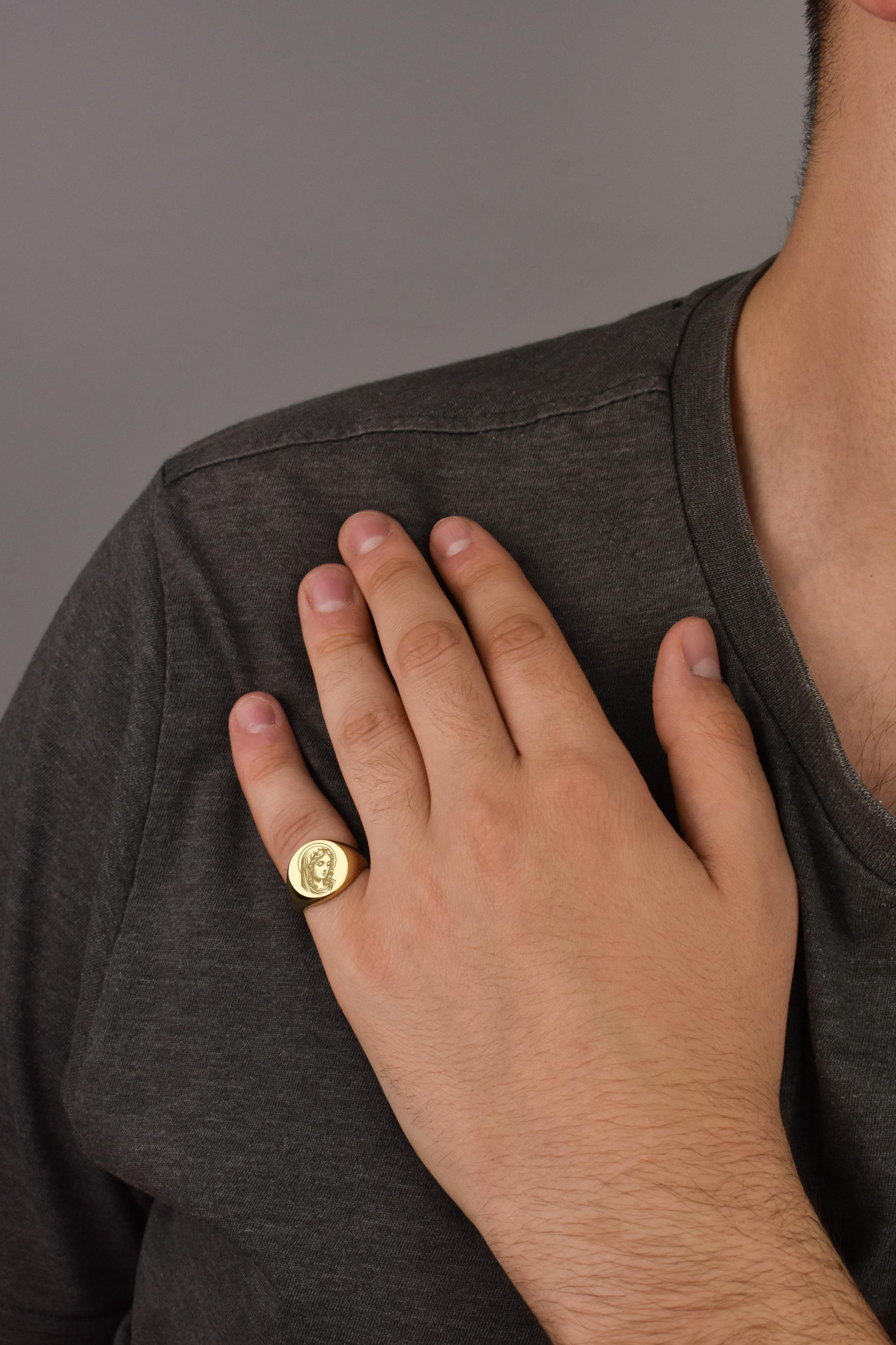 14K Gold Virgin Mary Signet Ring, Custom Prayer Talisman Ring, Mother ...