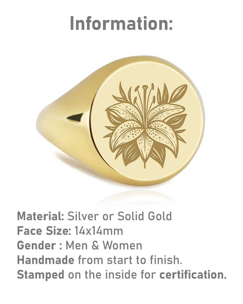 14K Solid Gold Lily Signet Ring, Gardening Charm, Custom Martagon Lily ...