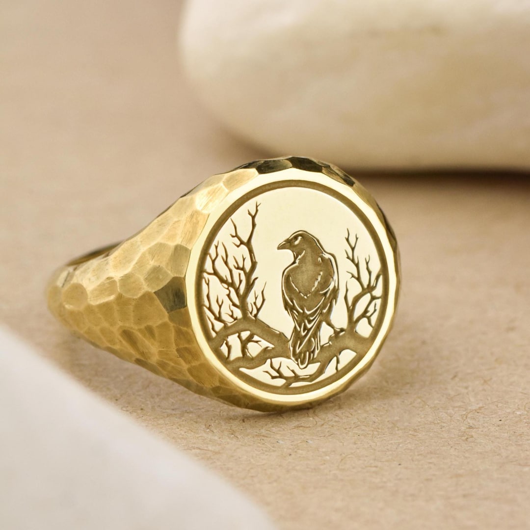 14K Solid Gold Raven Signet Ring, Hammered Bird Jewelry, Norse Symbol ...