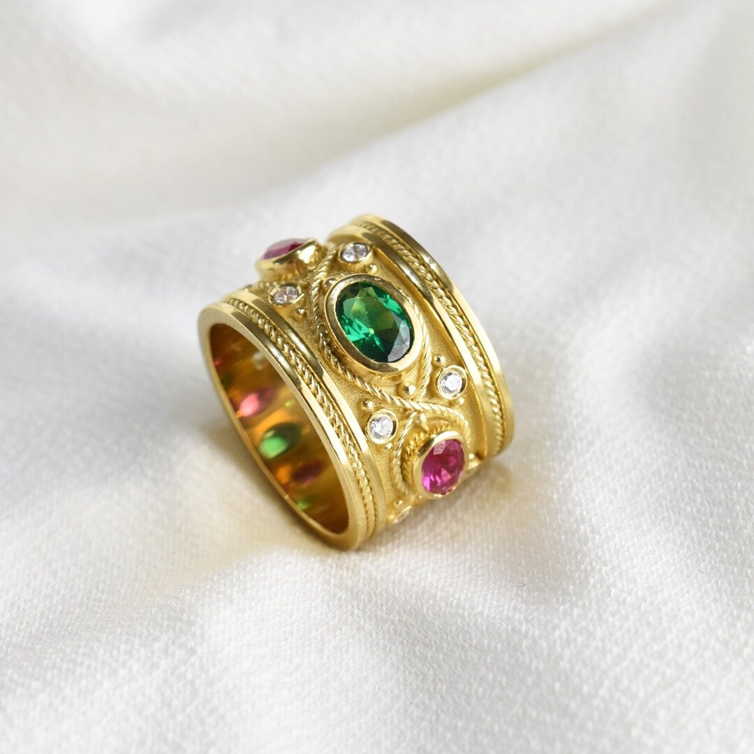 Solid Gold Byzantine Emerald Ring for Women, Wide Gold Band, Multi ...