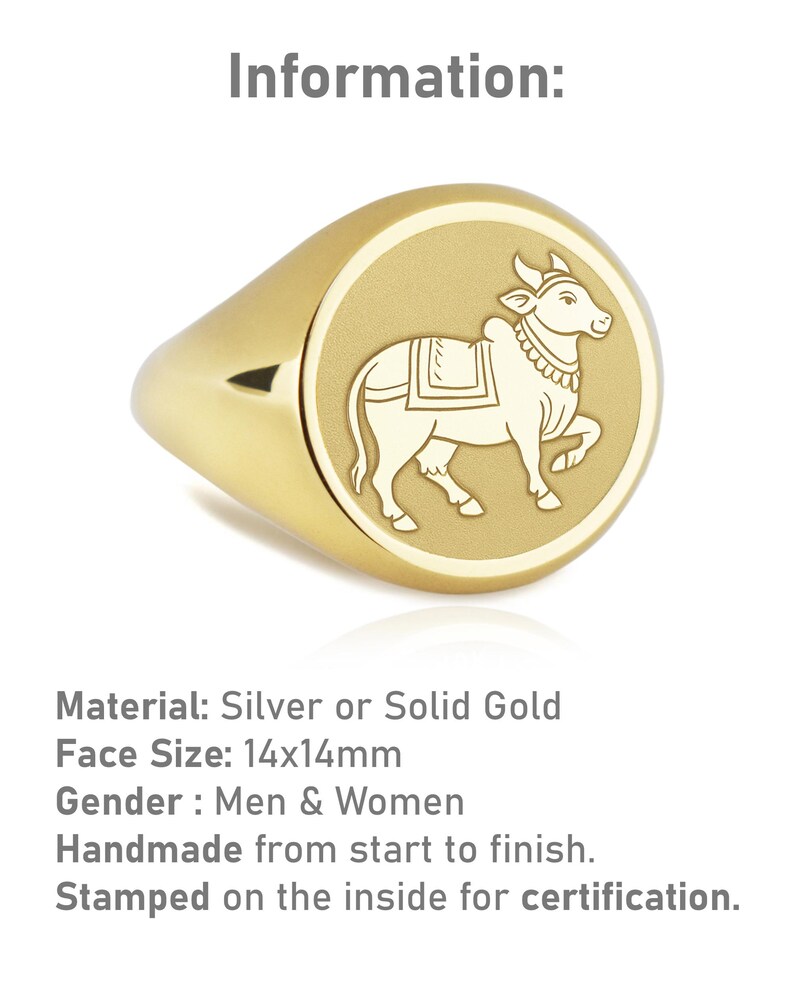 14K Solid Gold Nandi Signet Ring, Hindu Deity Ring, Spiritual Jewelry ...