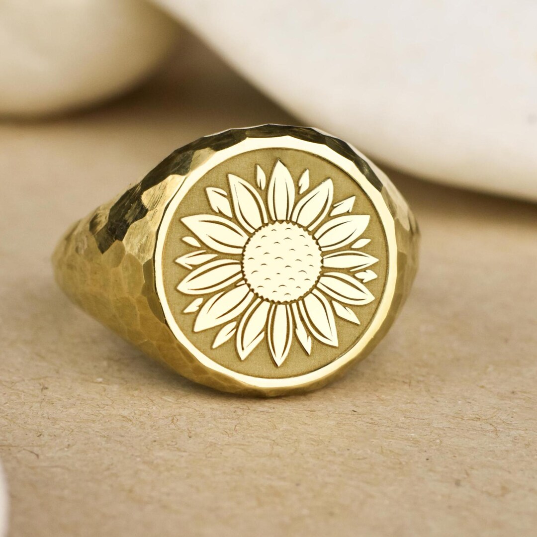 14K Real Gold Sunflower Signet Ring, Hammered Floral Jewelry, Nature ...
