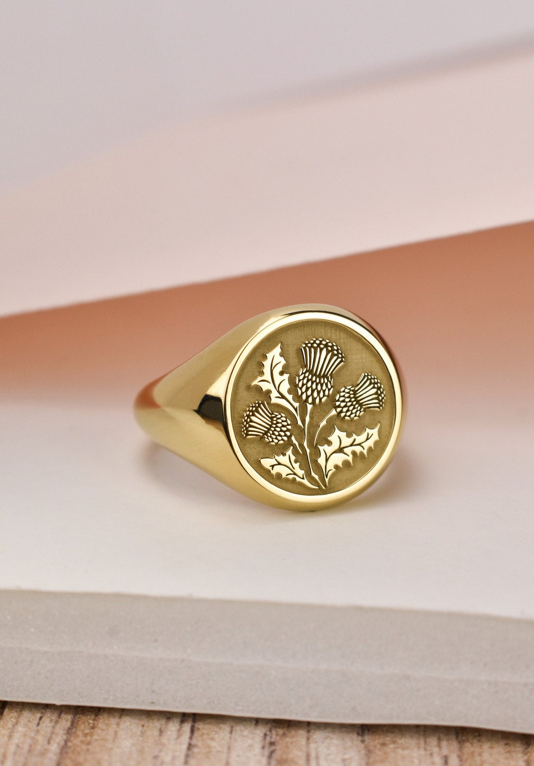 14K Solid Gold Thistle Signet Ring, Scottish Thistle Ring, Round Gold ...