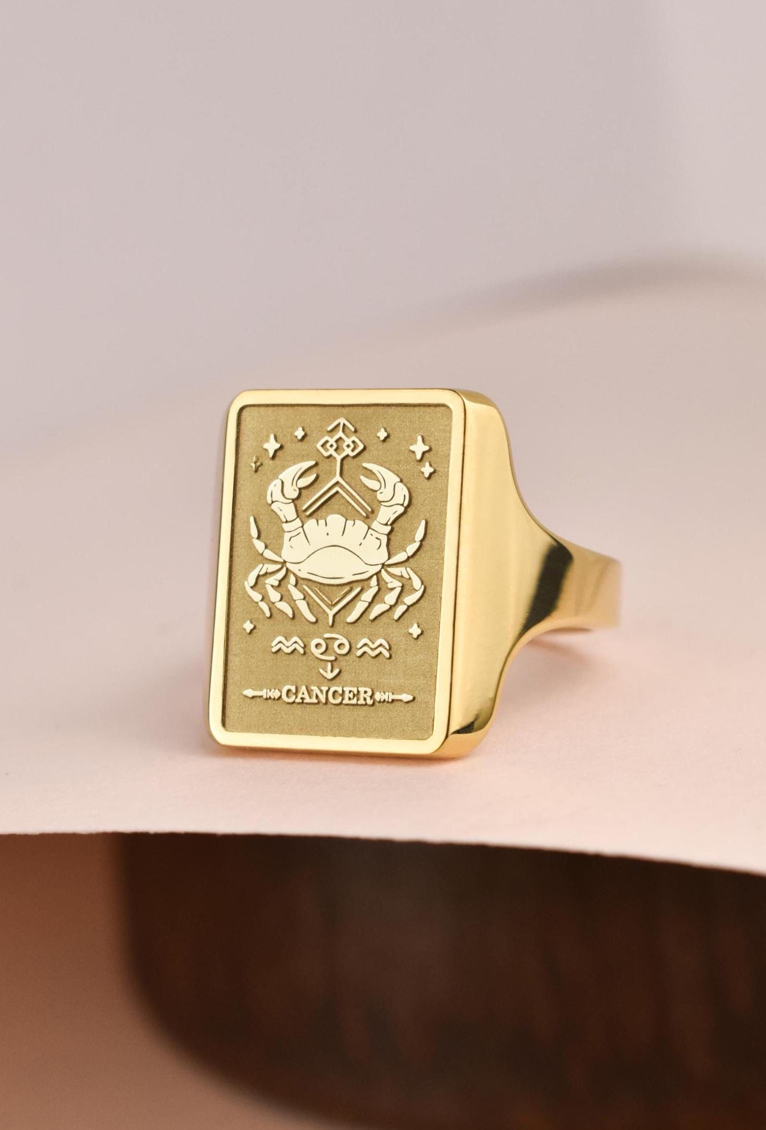 14K Solid Gold Cancer Zodiac Sign Signet Ring, Personalized Zodiac Sign ...