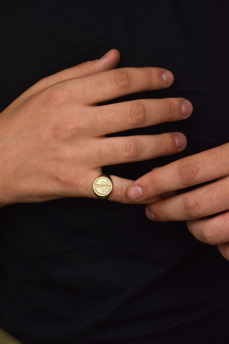 14K Solid Gold Angel Wings Signet Ring, Wings of Angel Amulet, Angelic ...
