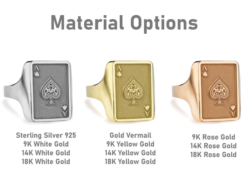 14K Gold Ace of Spades Signet Ring, Gold Playing Card Ring, Rectangle ...