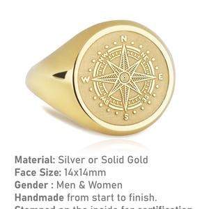 14K Gold Compass Signet Ring, Personalized Compass Ring for Men & Women ...