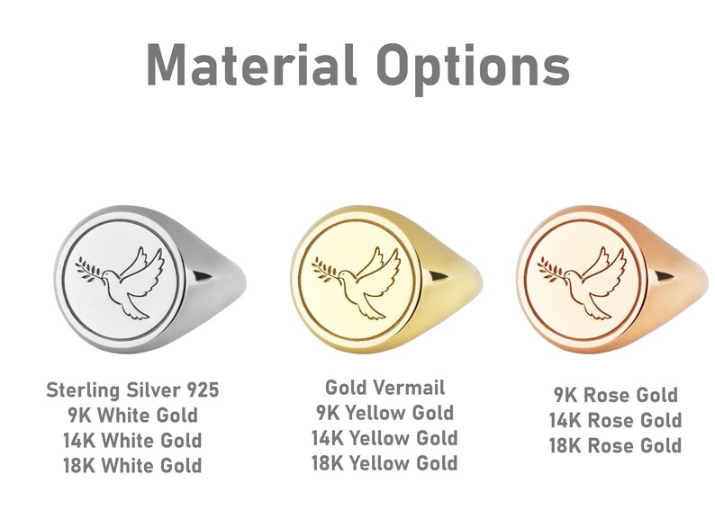 14K Solid Gold Dove Signet Ring, Dove With Olive Branch Charm ...