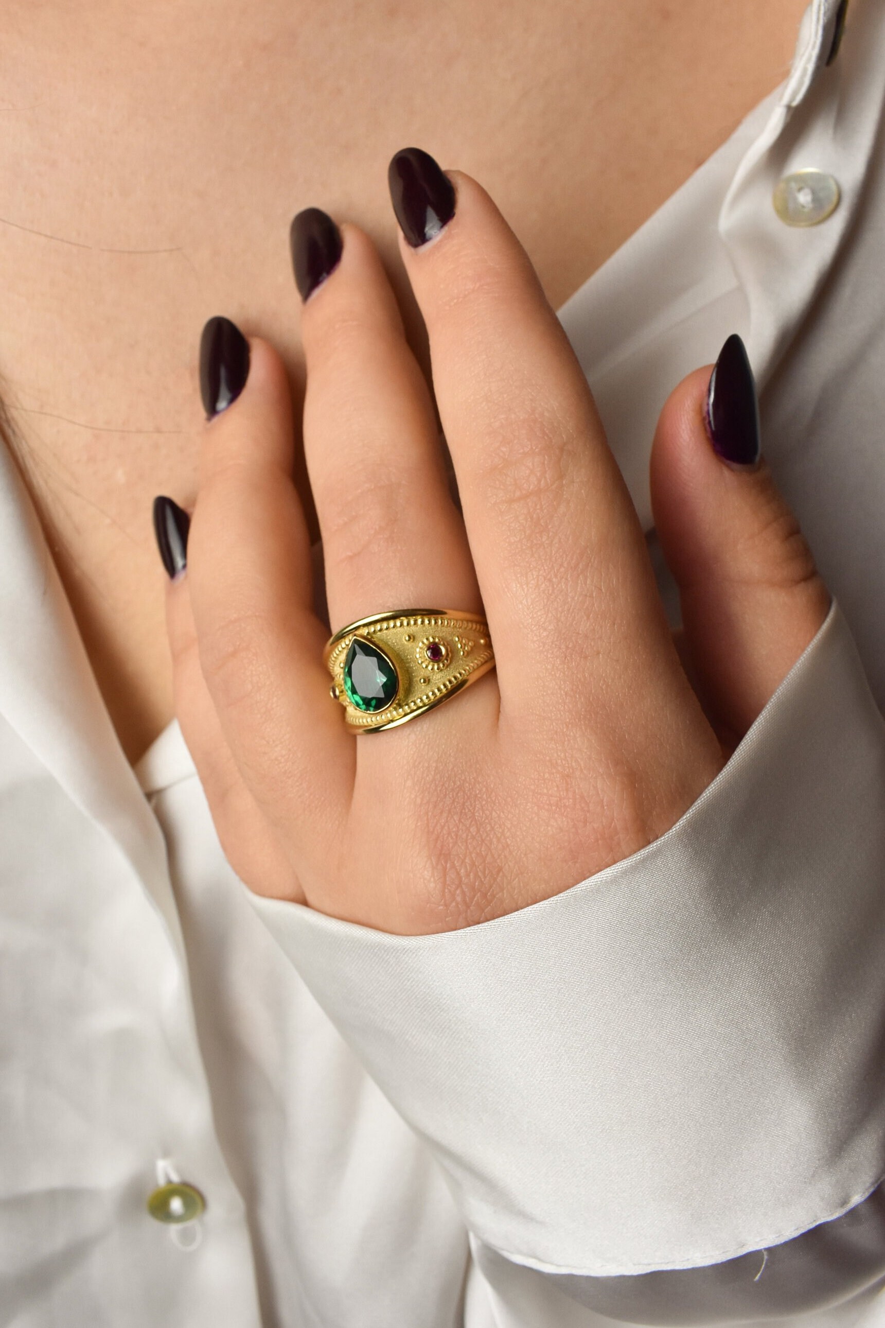 Pear Cut Emerald Gold Band, Byzantine Emperor Ring, Multi Color ...