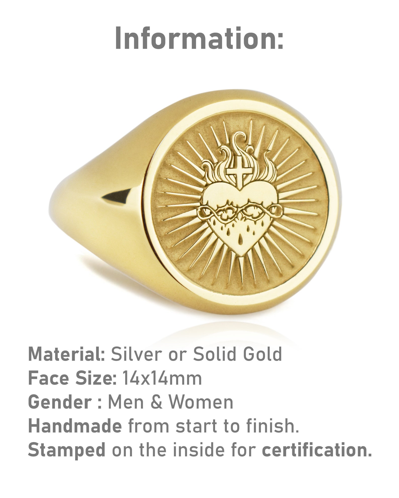 14K Solid Gold Sacred Heart Signet Ring, Catholic Signet Ring, Sacred ...