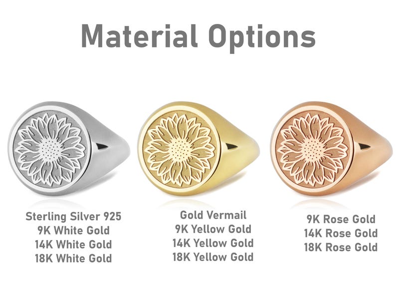 14K Solid Gold Sunflower Signet Ring, Daisy Flower Signet Ring ...