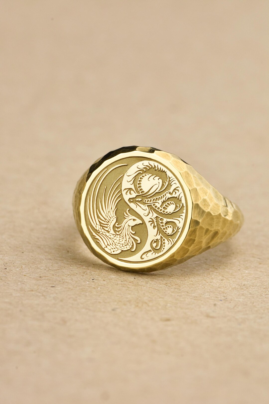 14K Solid Gold Phoenix & Dragon Signet Ring, Hammered Yin Yang Jewelry ...