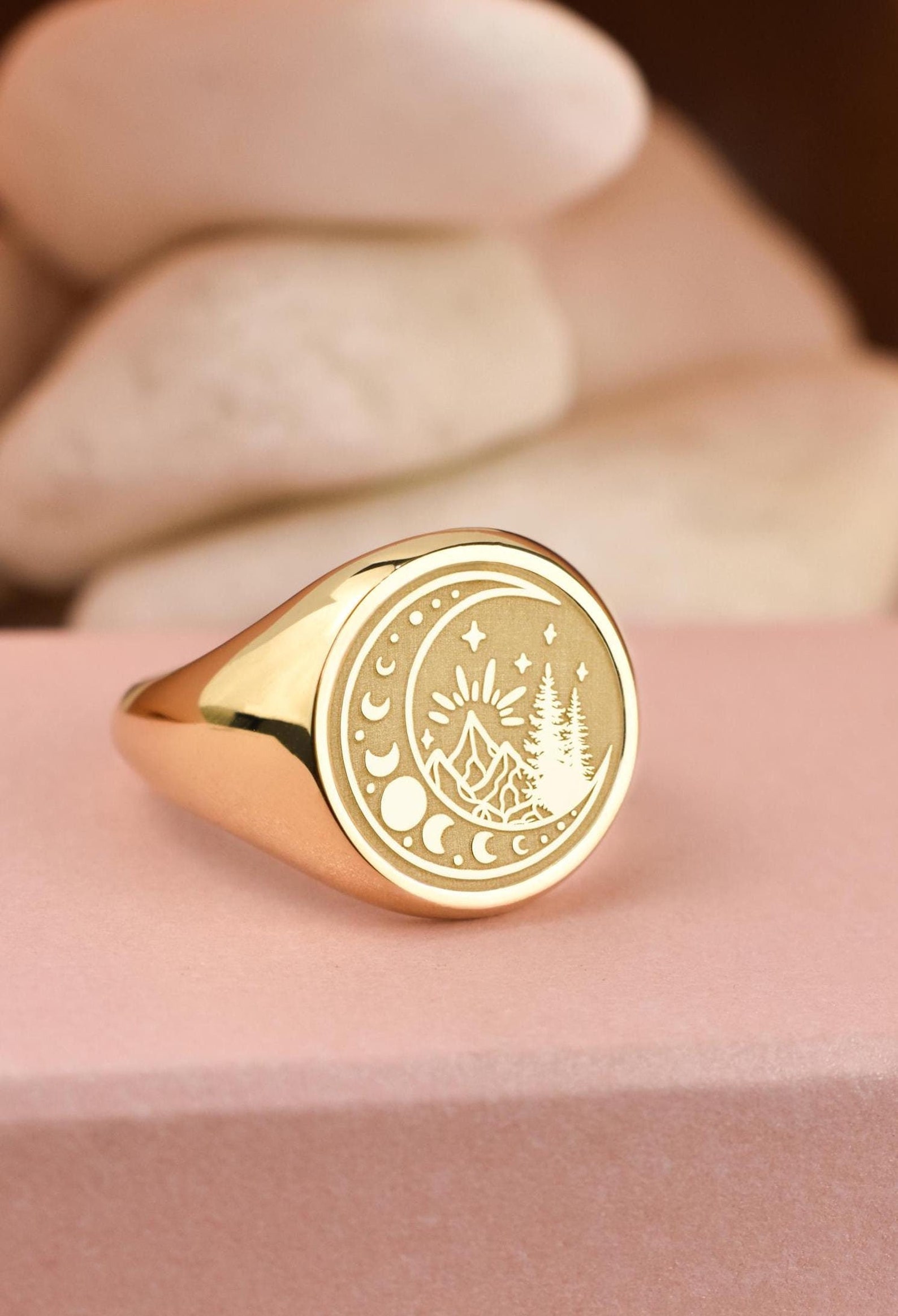 14K Gold Crescent Moon Signet Ring, Personalized Celestial Jewelry, Moon Phases Amulet, Custom ...