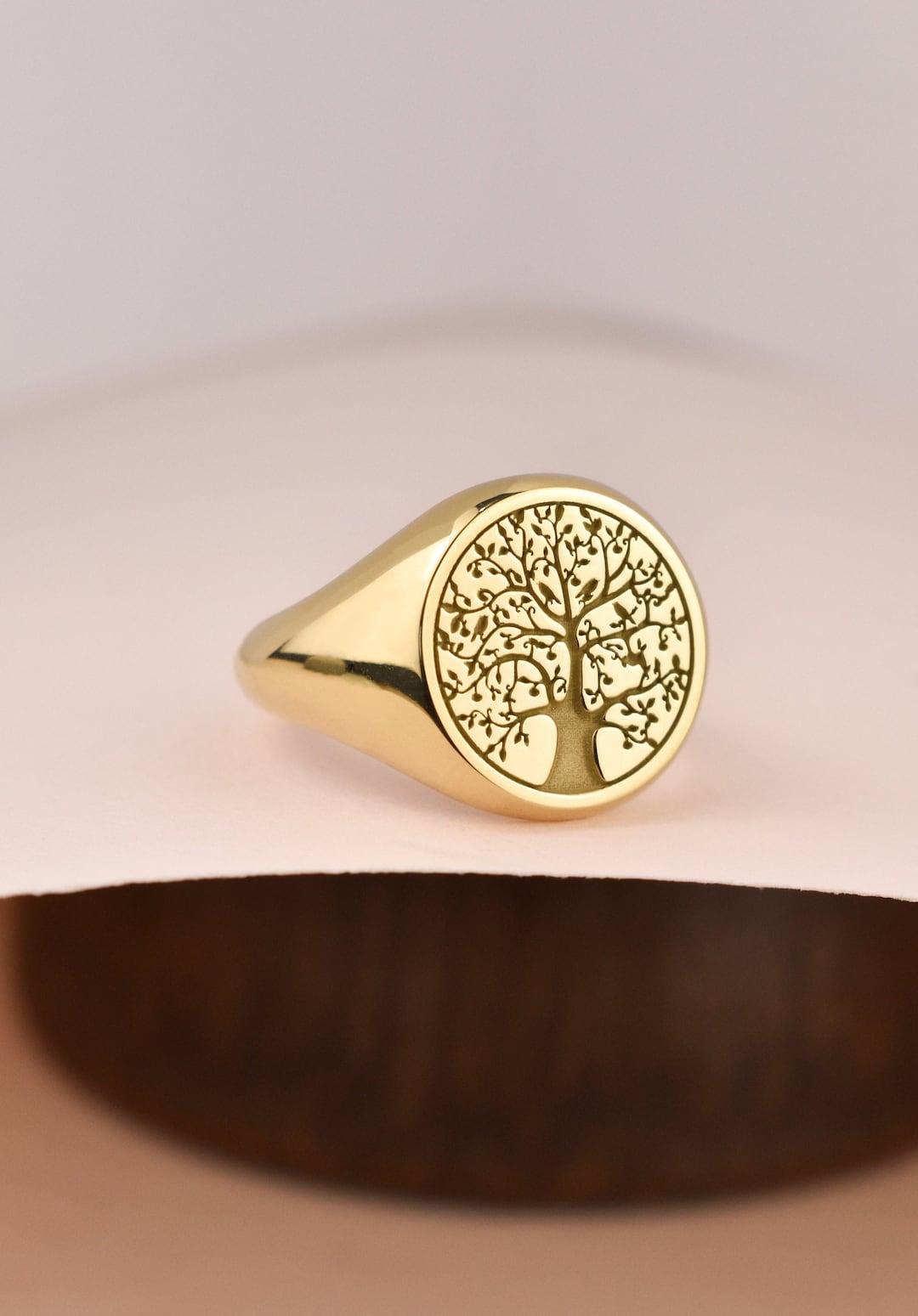 14K Gold Tree of Life Signet Ring, Family Tree Gold Ring, Personalized ...