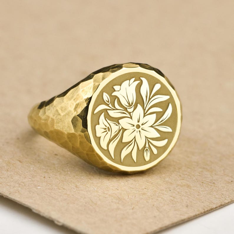 14K Gold Lily of the Valley Signet Ring, Hammered Floral Jewelry ...