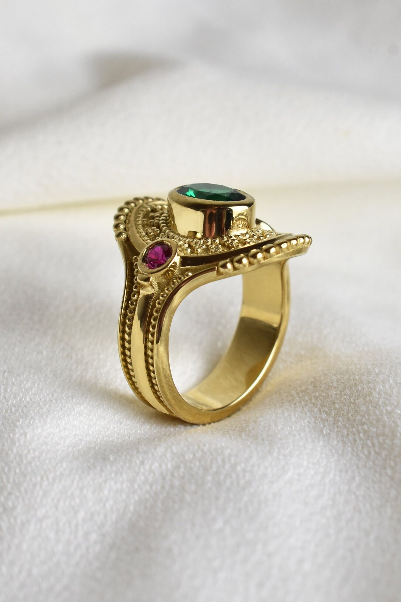 Gold Emerald Filigree Ring, Pear Cut Emerald Byzantine Ring, Gold ...