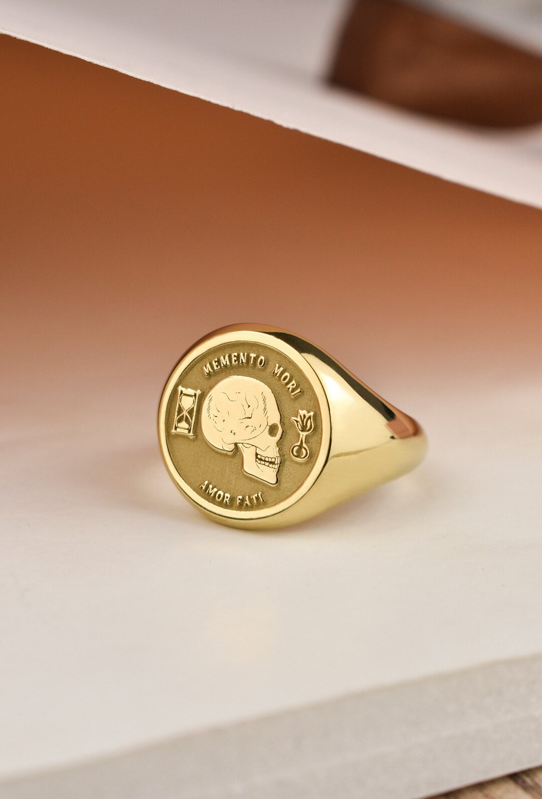 14K Solid Gold Memento Mori Signet Ring, Amor Fati Gold Ring, Stoicism ...
