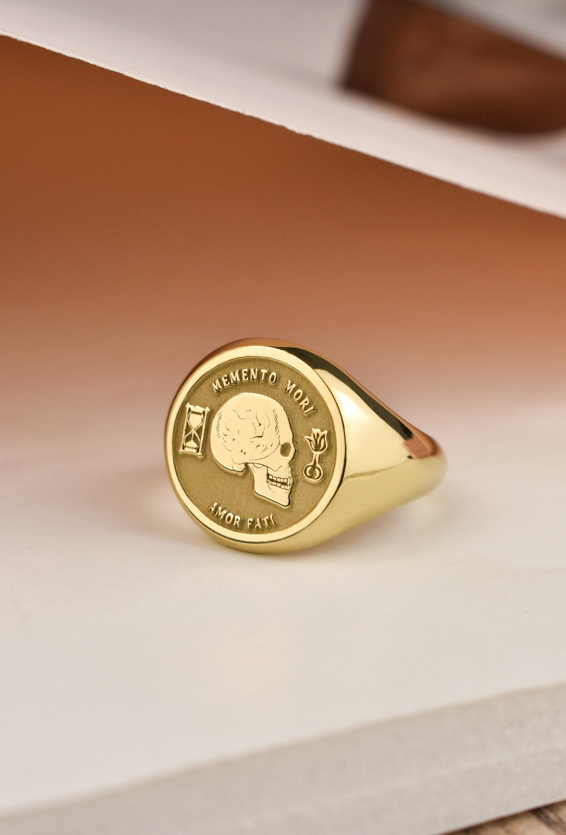 14K Solid Gold Memento Mori Signet Ring, Amor Fati Gold Ring, Stoicism ...