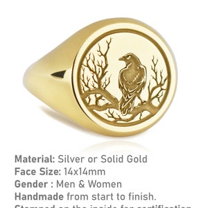 14K Solid Gold Raven Bird Signet Ring, Gold Crow Ring, Gothic Gold Ring ...