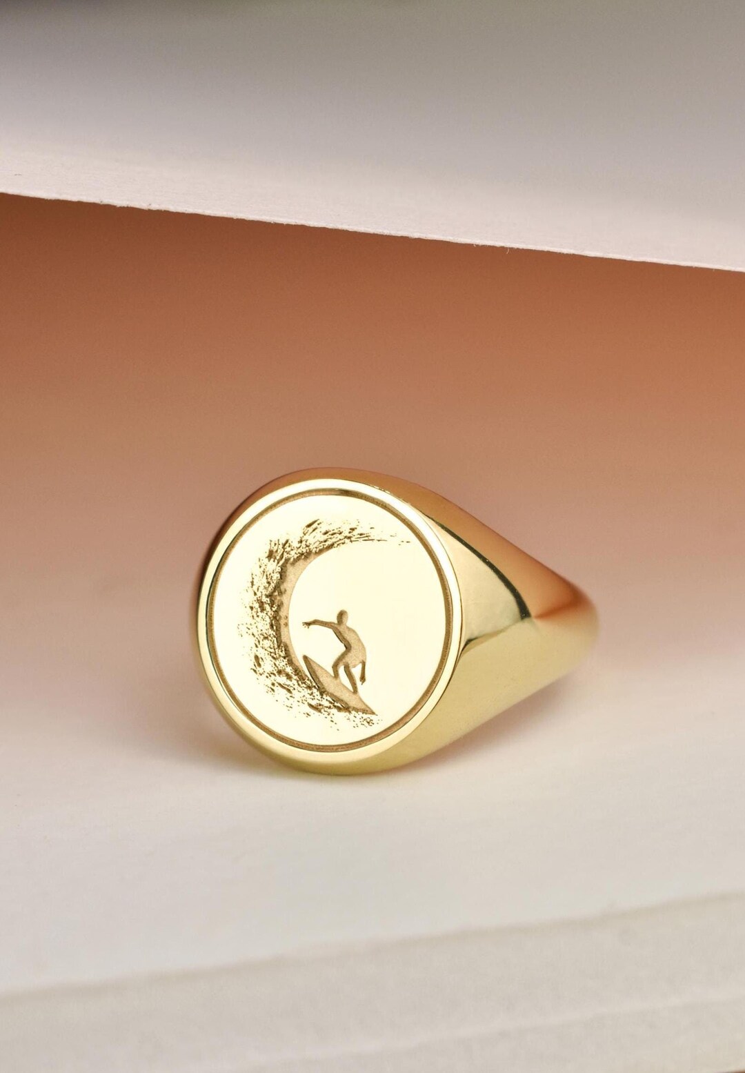 14K Solid Gold Surfer Signet Ring, Surf Wave Amulet, Personalized Surfing Jewelry, Round Ring ...