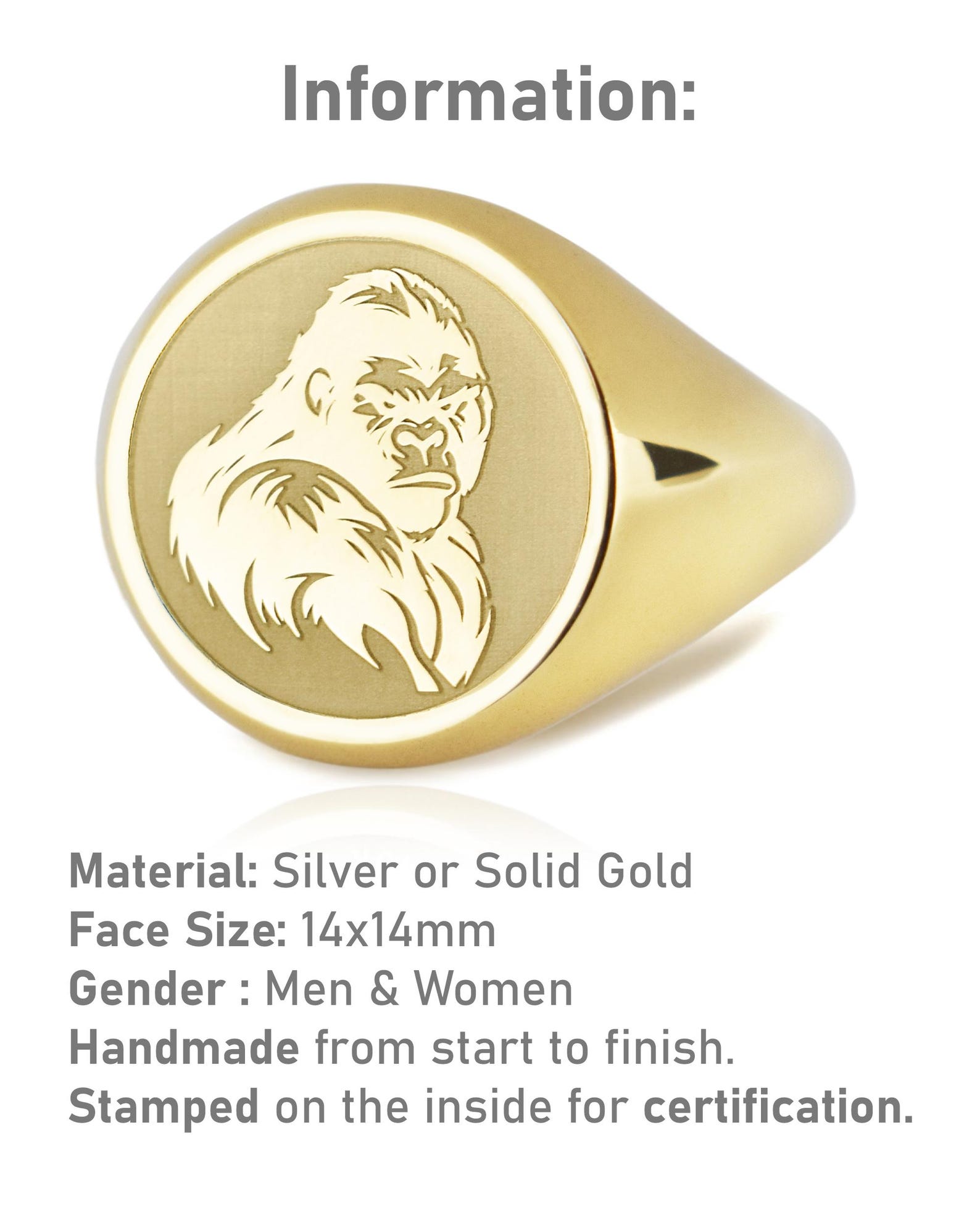 14K Gold Gorilla Signet Ring, Silverback Gorilla Ring, Harambe Jewelry ...