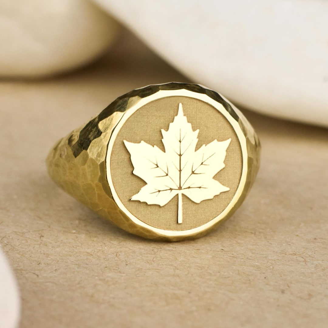 14K Gold Maple Leaf Signet Ring, Hammered Nature Jewelry, Canadian ...