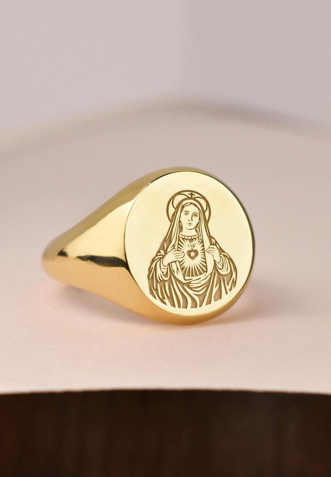 14K Gold Heart of Mary Signet Ring, the Immaculate Heart Charm ...
