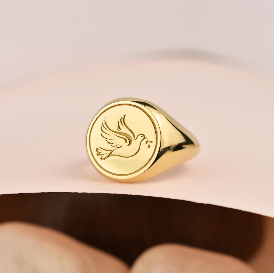 14K Gold Dove Bird Signet Ring, Peace Dove Ring, Best Man Signet Ring ...