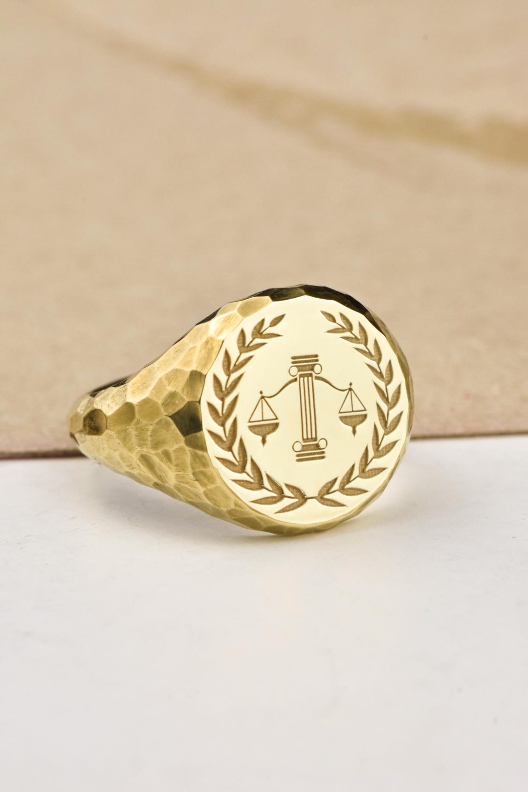 14K Gold Scales of Justice Signet Ring, Hammered Lawyer Jewelry, Legal ...