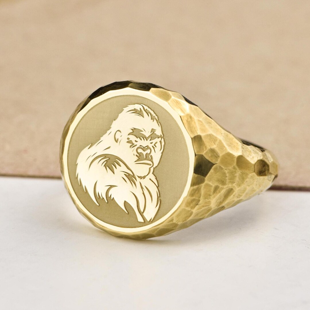 14K Gold Gorilla Signet Ring, Hammered Animal Jewelry, Primate Ring for ...