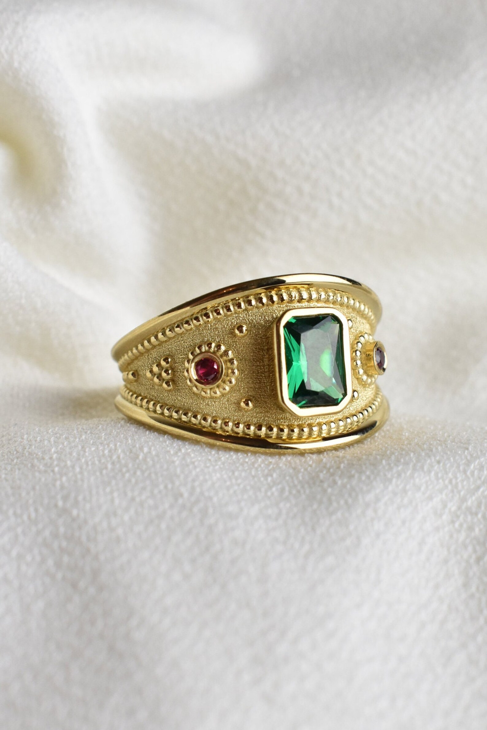 14K Gold Green Emerald Byzantine Ring, Multi-color Emerald & Ruby ...