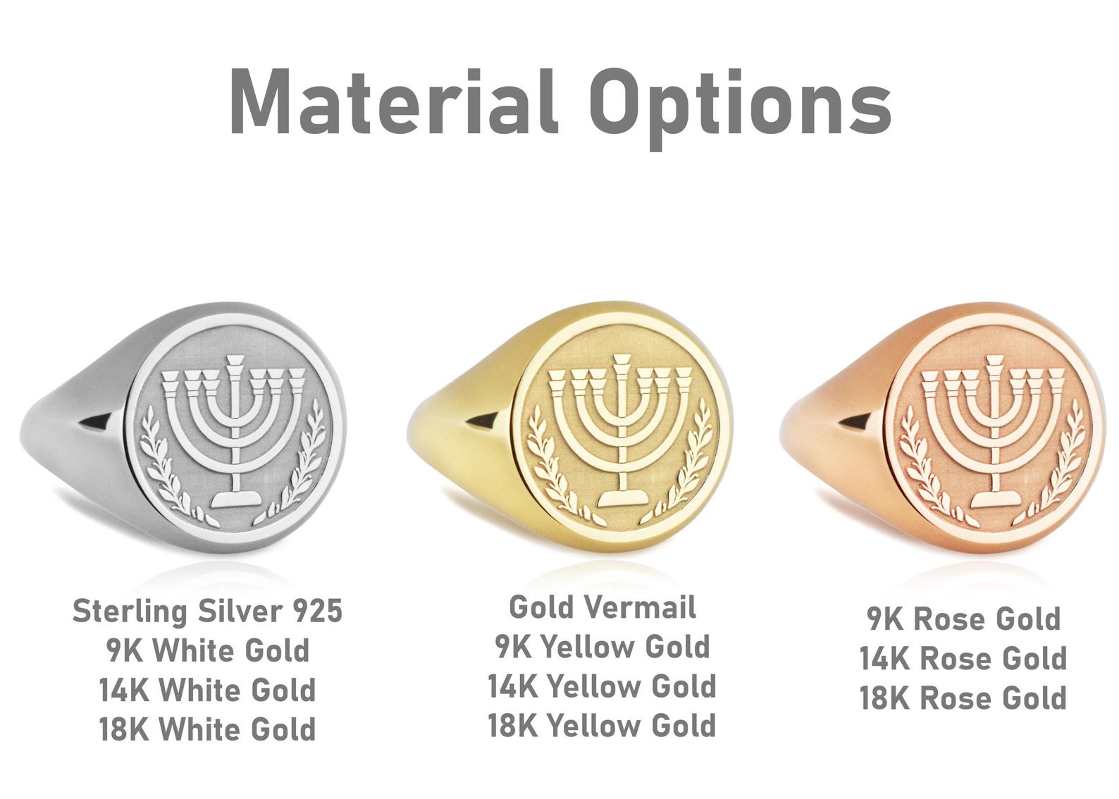 14K Solid Gold Menorah Signet Ring, Jewish Menorah Ring, Personalized ...