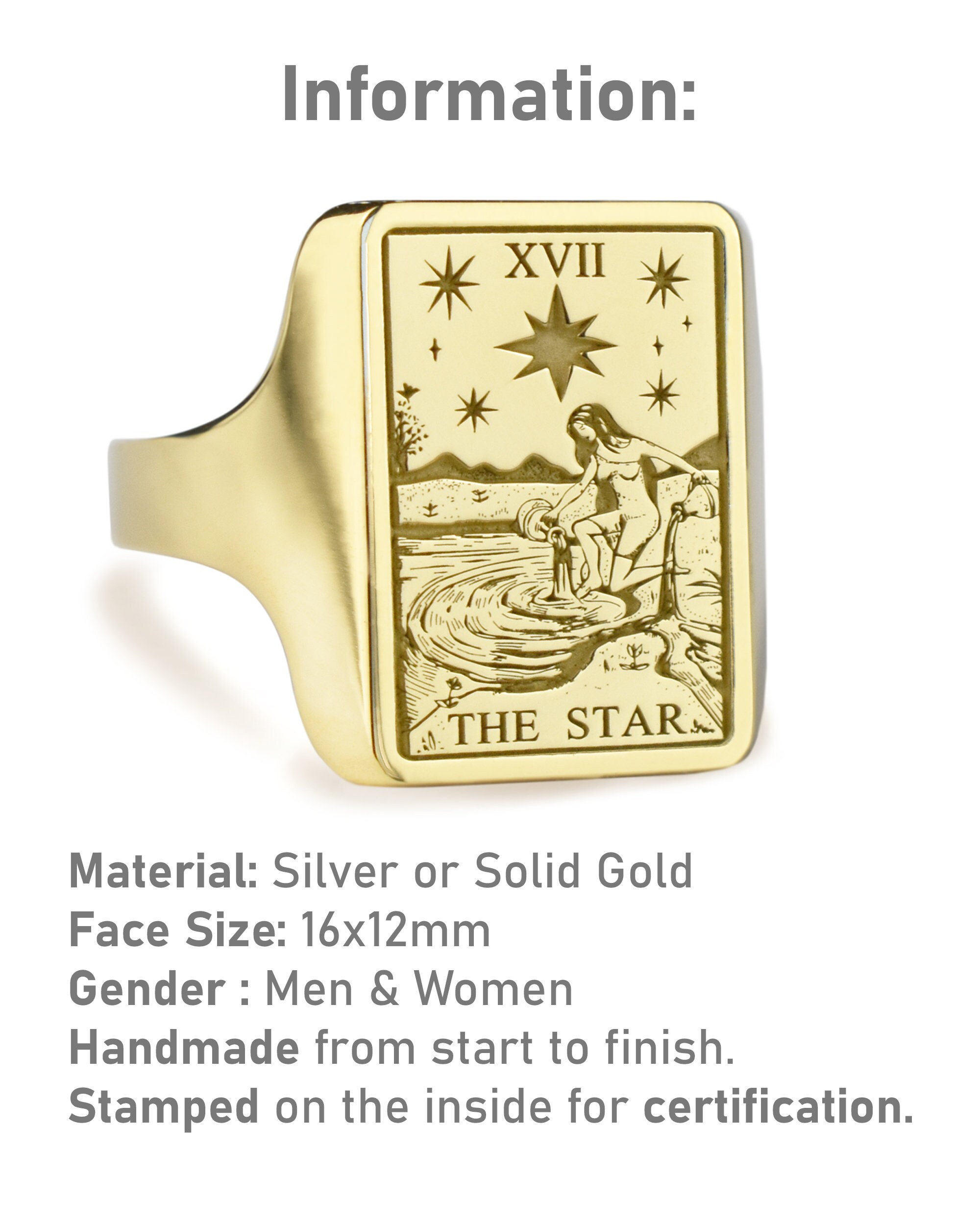 14K Gold Star Tarot Card Signet Ring, Engraved Tarot Card Ring ...