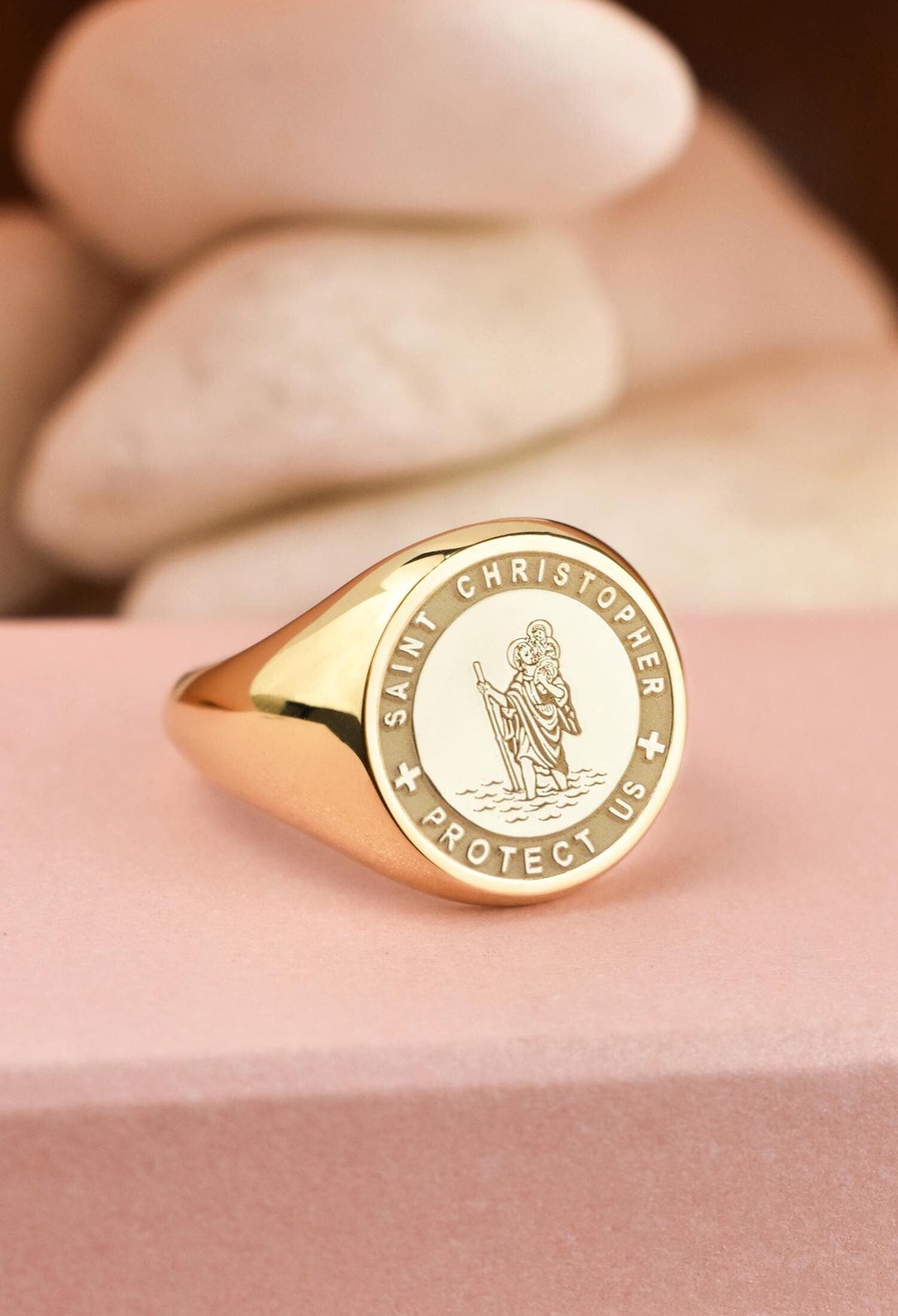 14K Gold Saint Christopher Signet Ring, St Christopher Round Ring ...