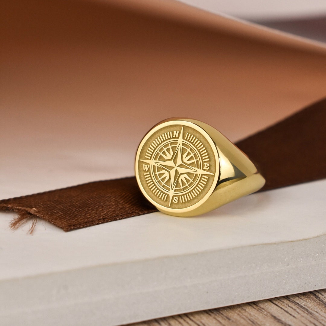 14K Solid Gold Compass Signet Ring, Graduation Gift, North Star Signet ...