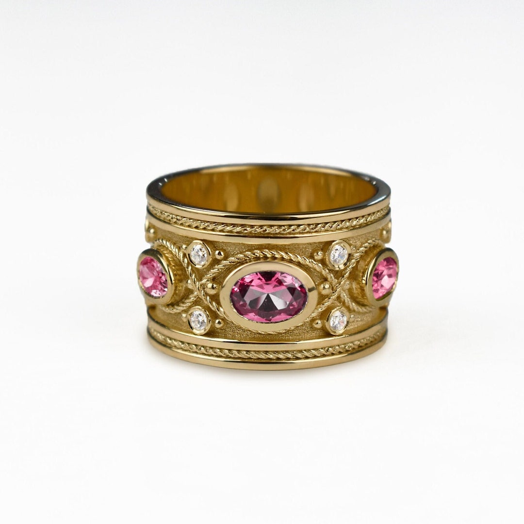 Gold Vermail Pink Tourmaline Crystal Ring for Women, Pink Gemstone Gold ...