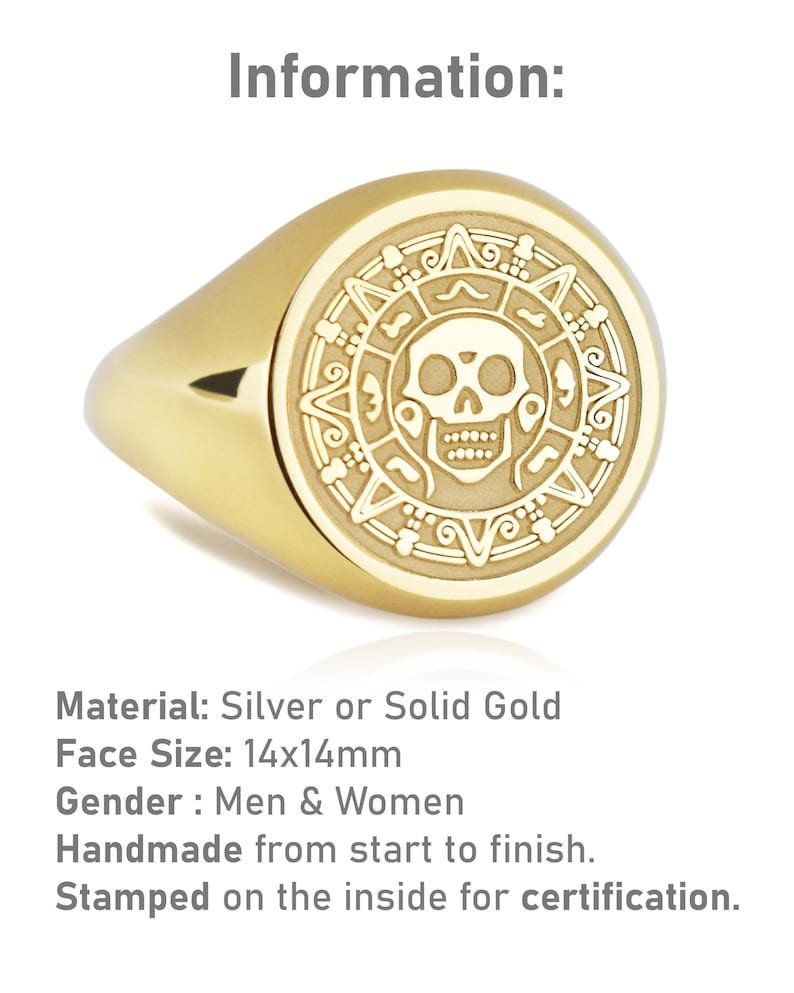 14K Gold Pirate Coin Signet Ring, Personalized Pirate Jewelry, Skull ...